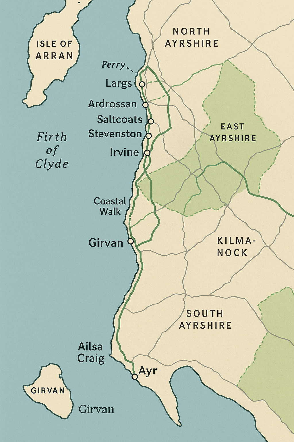 Map Of Ayrshire Coast - Key Towns, Beaches & Landmarks